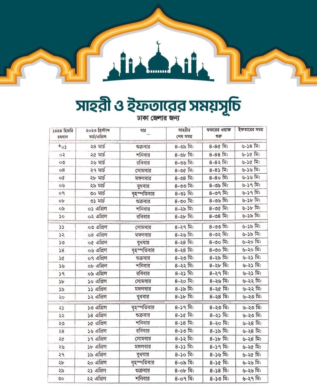 Ramadan Calendar 2023 Bangladesh (1444 AH)